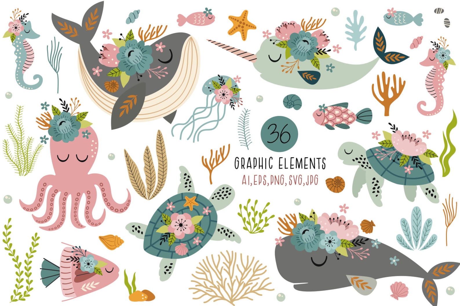 Floral Sea Life Clip Art, Ocean Animals Svg, Boho Sea Animal Clipart ...