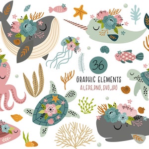 Floral Sea Life Clip Art, Ocean Animals Svg, Boho Sea Animal Clipart ...