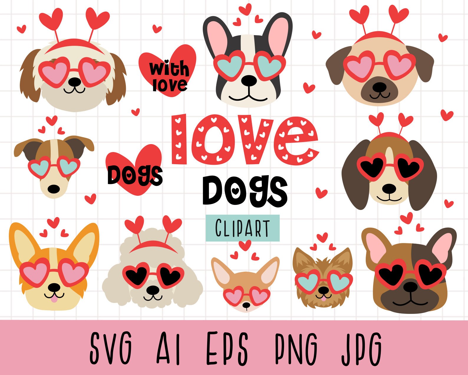 Love Dogs Clipart, Face Dogs Svg, Head Animals Clipart, Valentine Svg ...