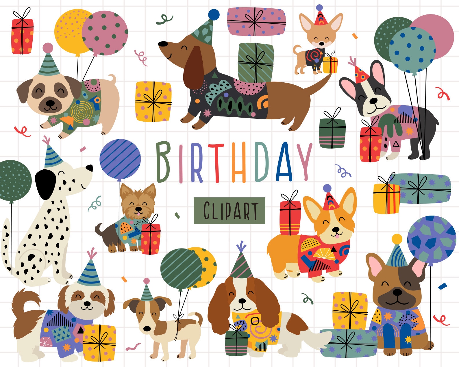 Birthday Dog Breeds Clipart, Dog Party Clipart, Pets, Bulldog Clip Art ...