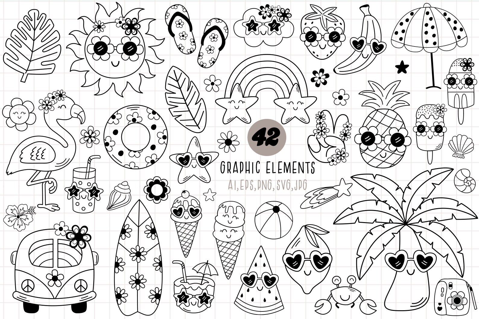 Groovy Summer Clipart Retro Summer Clipart Beach Clipart Black and ...