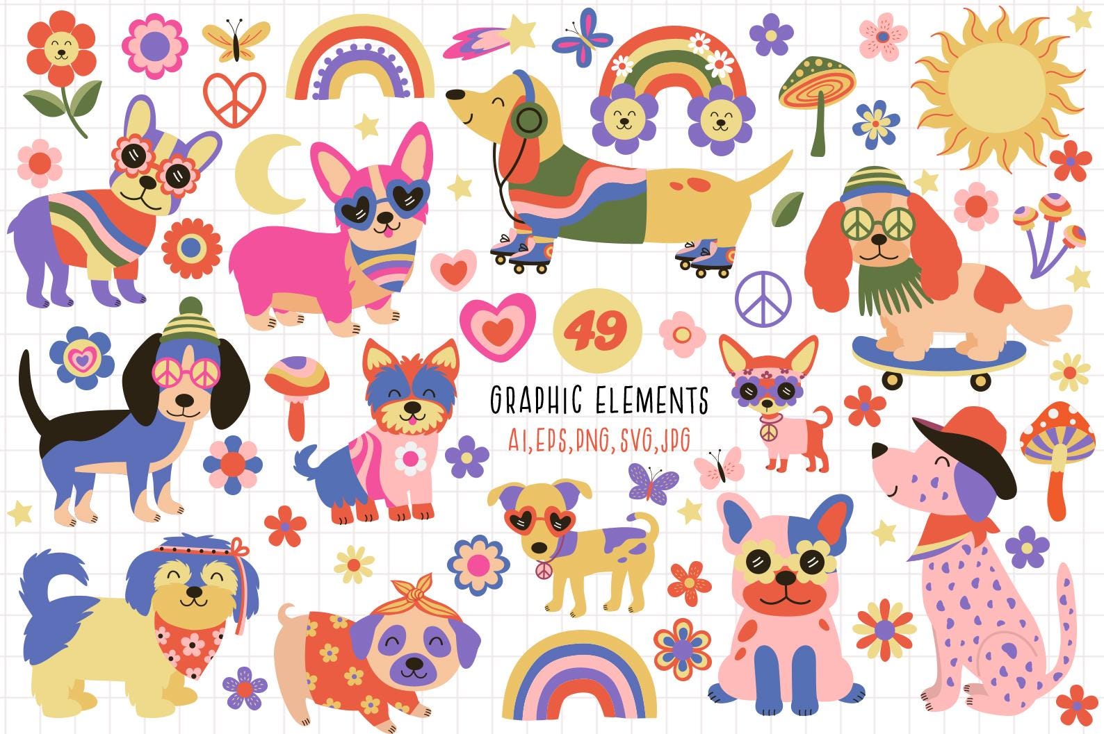 Hippy Dog Clipart, Whimsical Dogs Clip Art, Groovy Retro Dogs Clipart ...