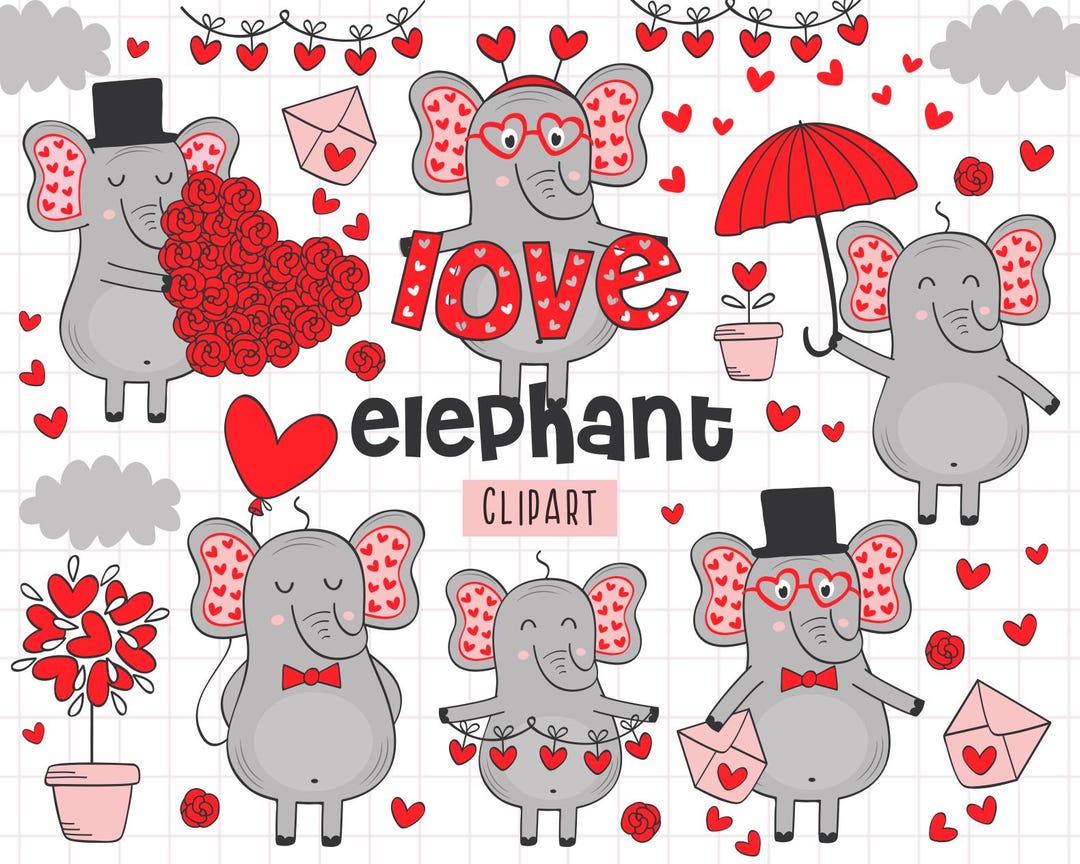 Cute Love Elephant Clipart, Valentines Clipart, Valentine Heart, Fun ...