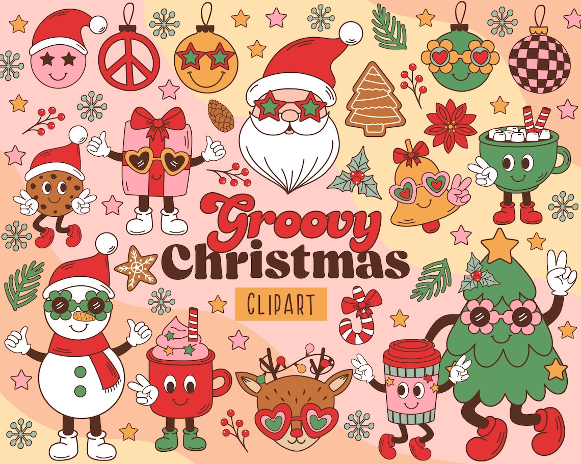 Retro Groovy Christmas Clipart, Christmas Clipart, Retro Christmas Svg ...
