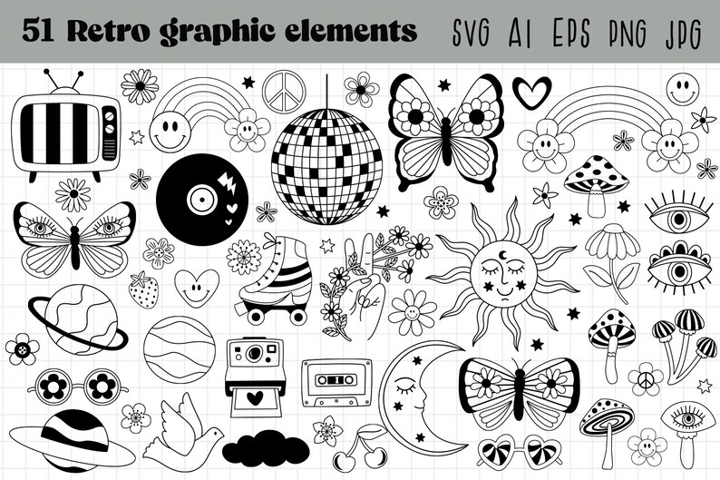 Retro Vibes Digital Clipart Set, Black and White, Groovy Hippie, Retro ...