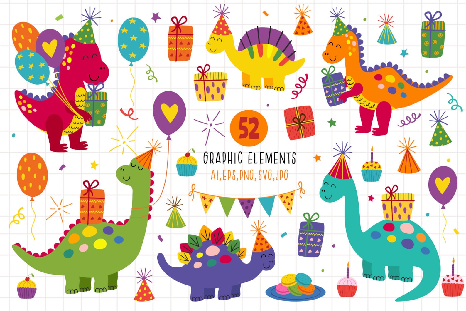 Jurassic Animal Clipart, Cute Dinosaur Clip Art, Birthday Party Clipart ...