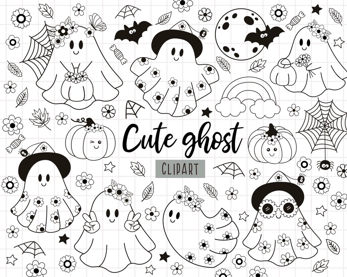 Groovy Halloween Clipart, Retro Flower Ghost Clipart, Spooky Girly Png ...