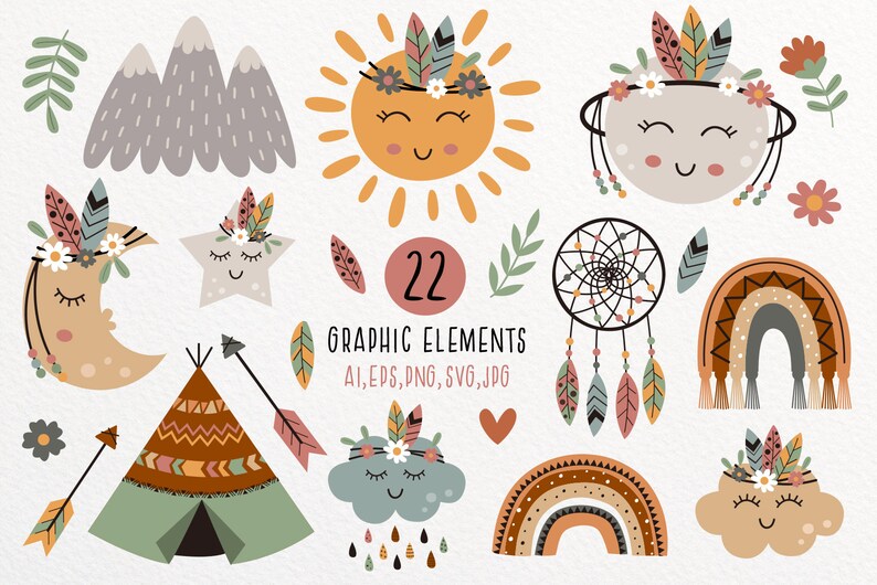 Boho Baby Clipart, Tribal Clipart , Baby Shower Clipart, Bohemian ...