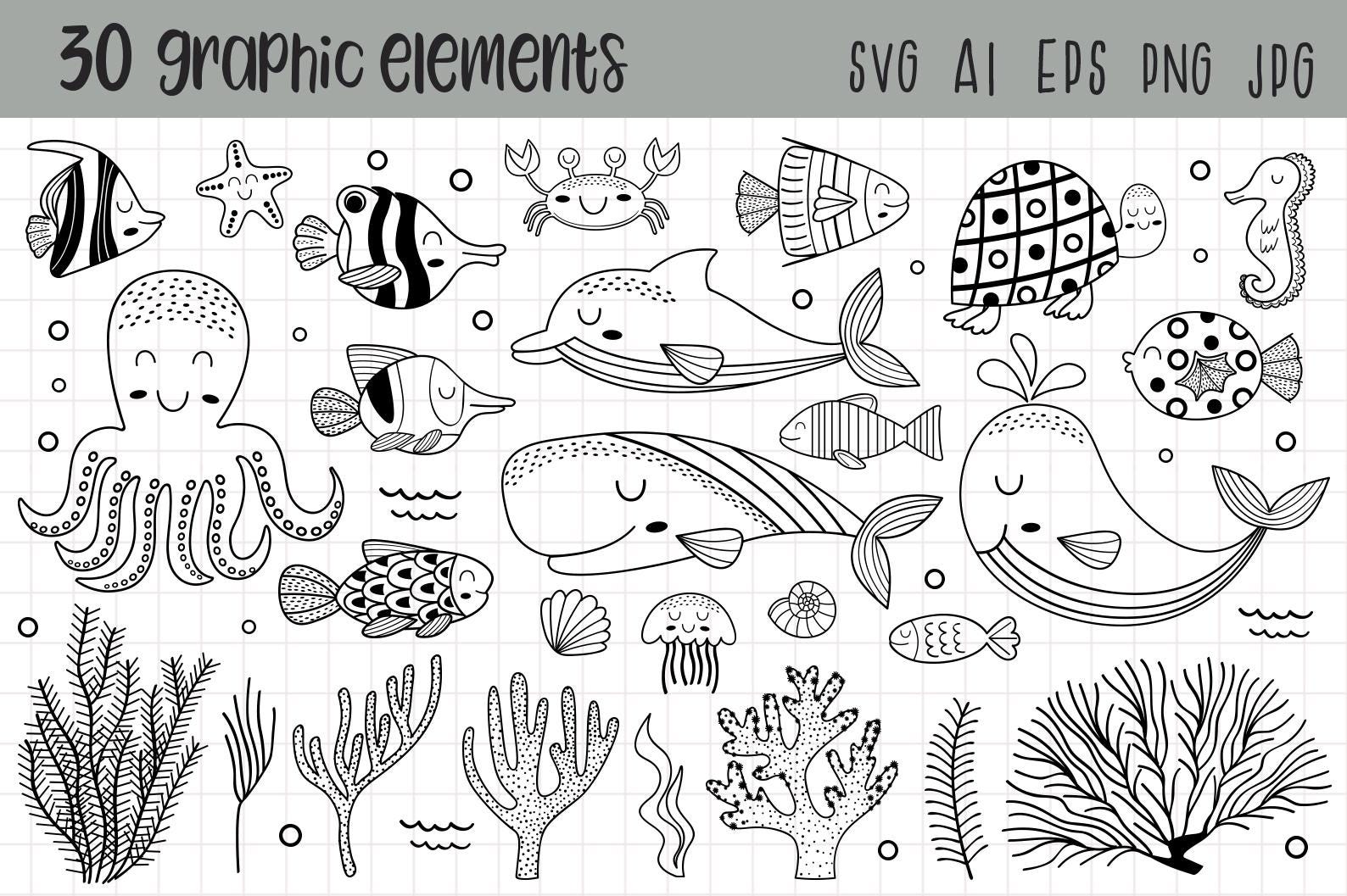 Cute Sea Animals Clipart, Underwater Animals SVG, Ocean Animals Png,sea ...