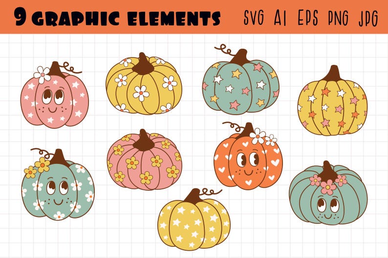 Groovy Retro, Pumpkin Clipart, Autumn Png, Vintage Pumpkin Png, Groovy ...
