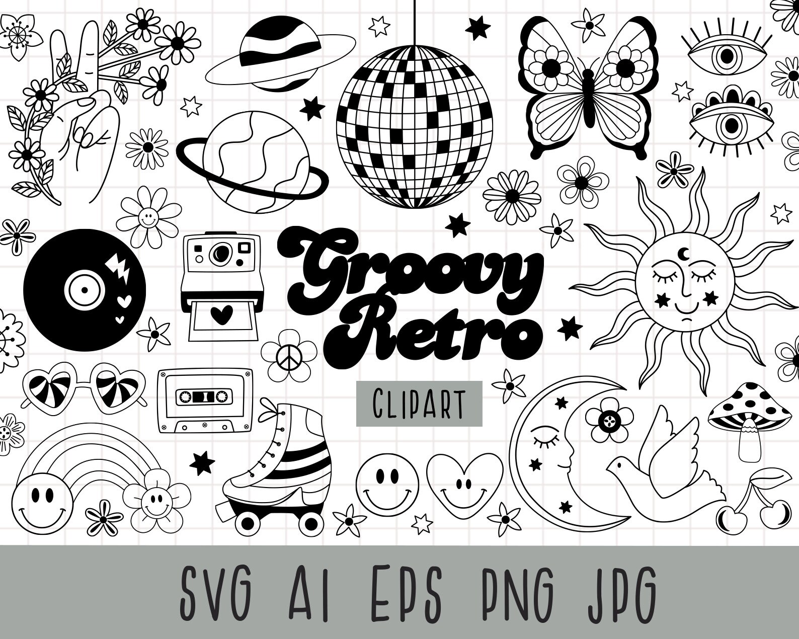 Retro Vibes Digital Clipart Set, Black and White, Groovy Hippie, Retro ...