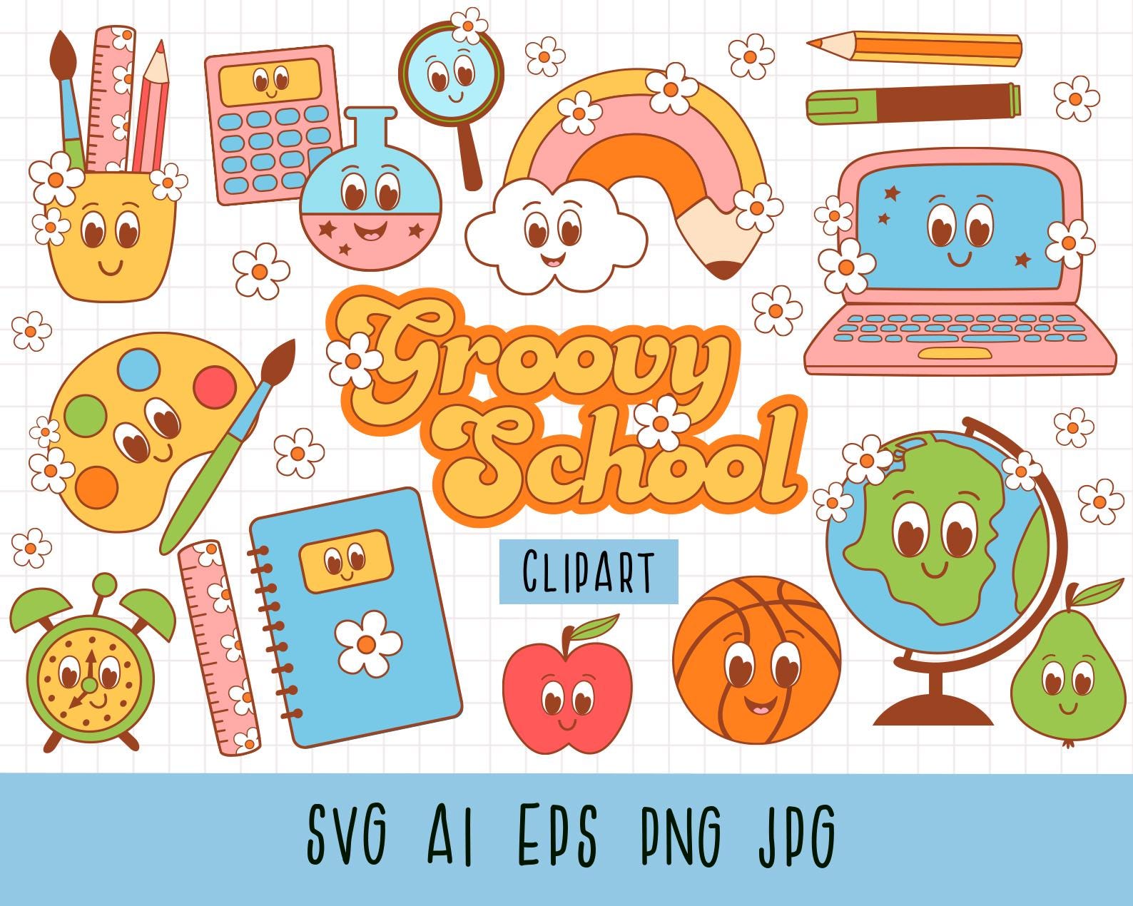 Groovy School Clipart, Retro Back to School, Education Clipart, School ...