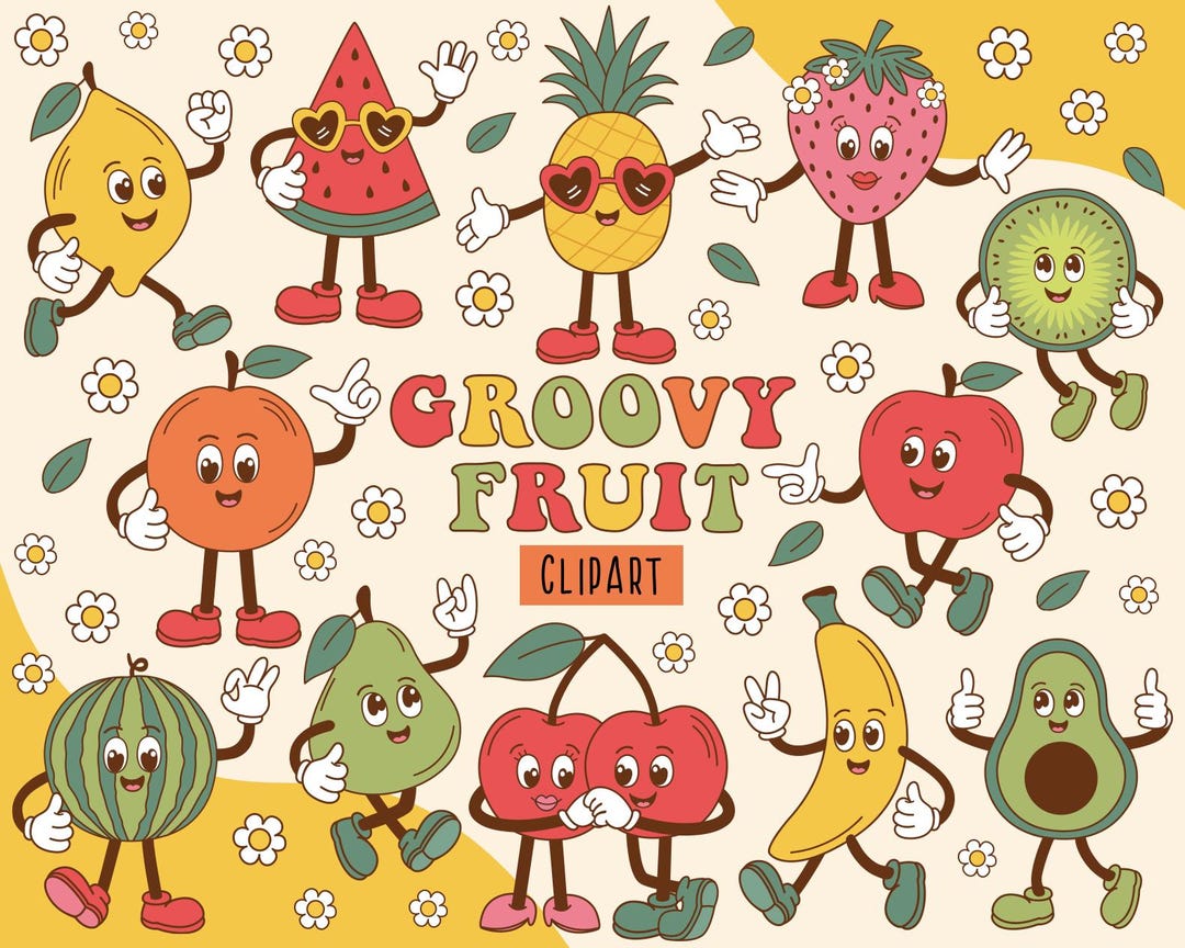Retro Groovy Fruits, Fruit Clipart, Retro Summer Clipart, Groovy ...