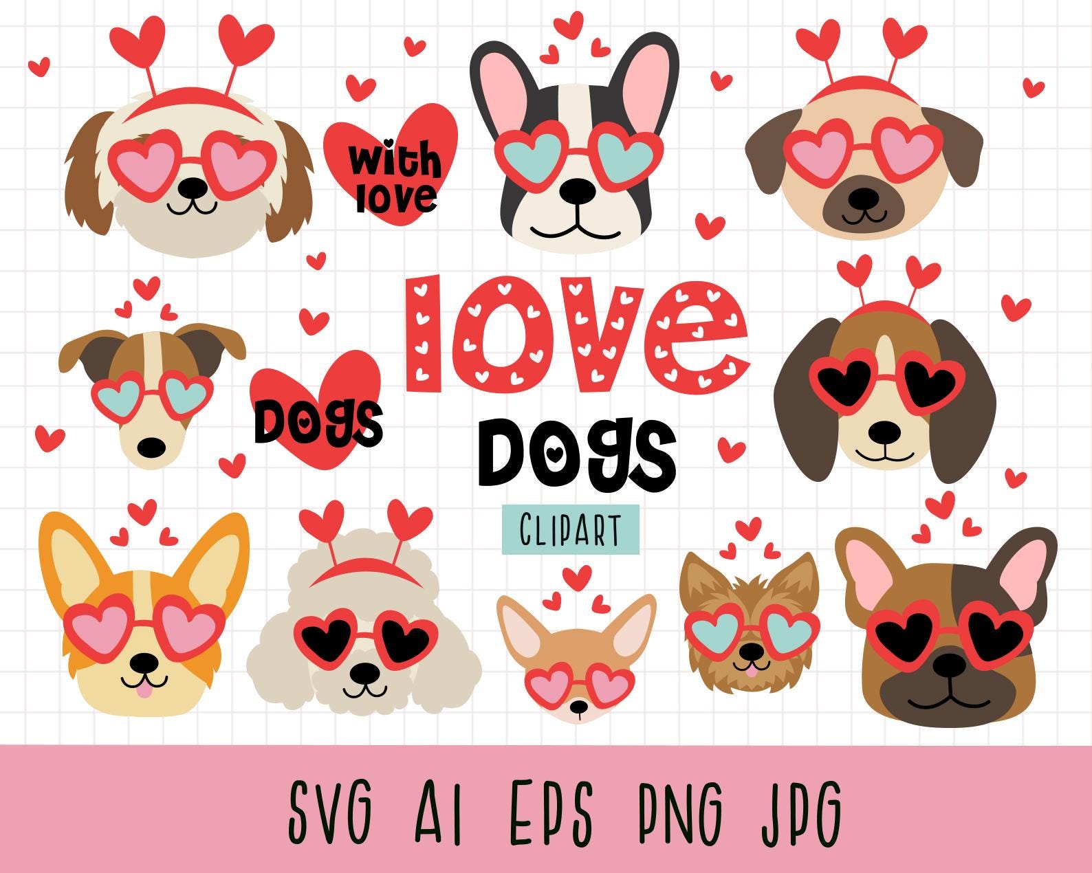 Love Dogs Clipart, Face Dogs Svg, Head Animals Clipart, Valentine Svg ...