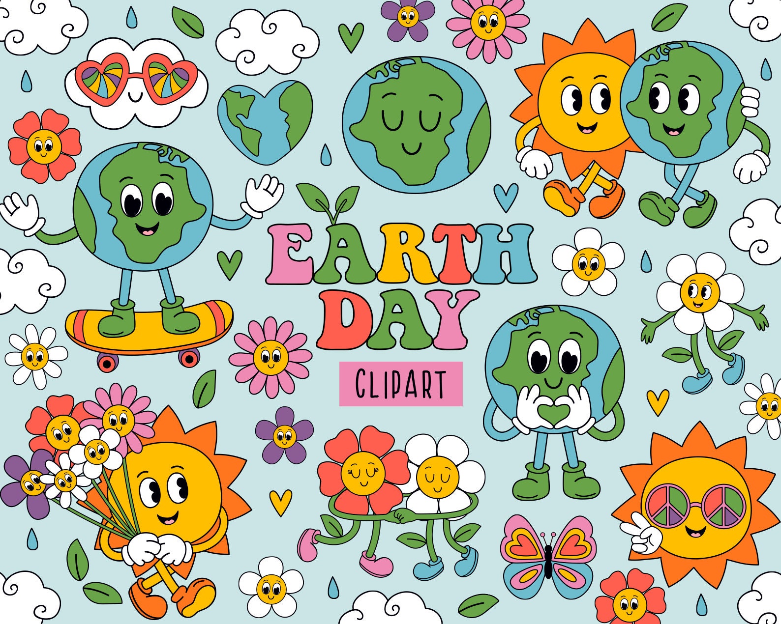Retro Earth Day, Cute Hippie Flowers, Flower Power, Sun, Earth Svg ...