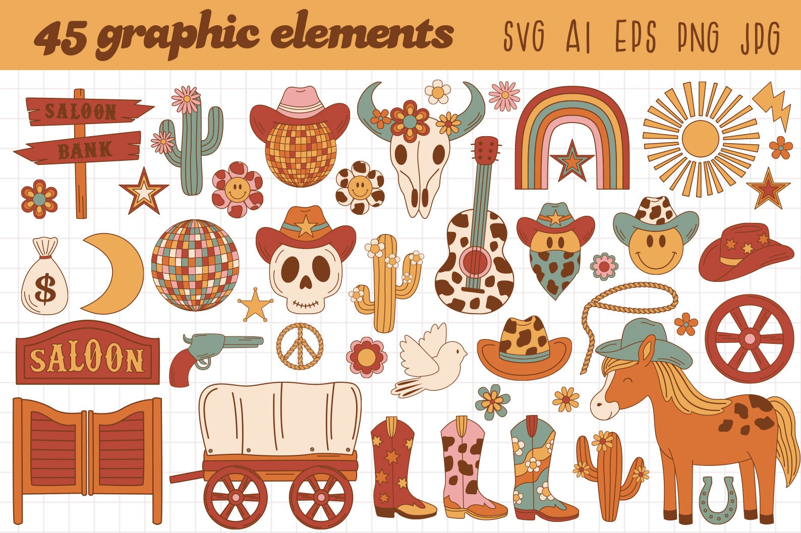 Groovy Hippie Western, Smiley Cowboy, Retro Western Rodeo, Wild West ...