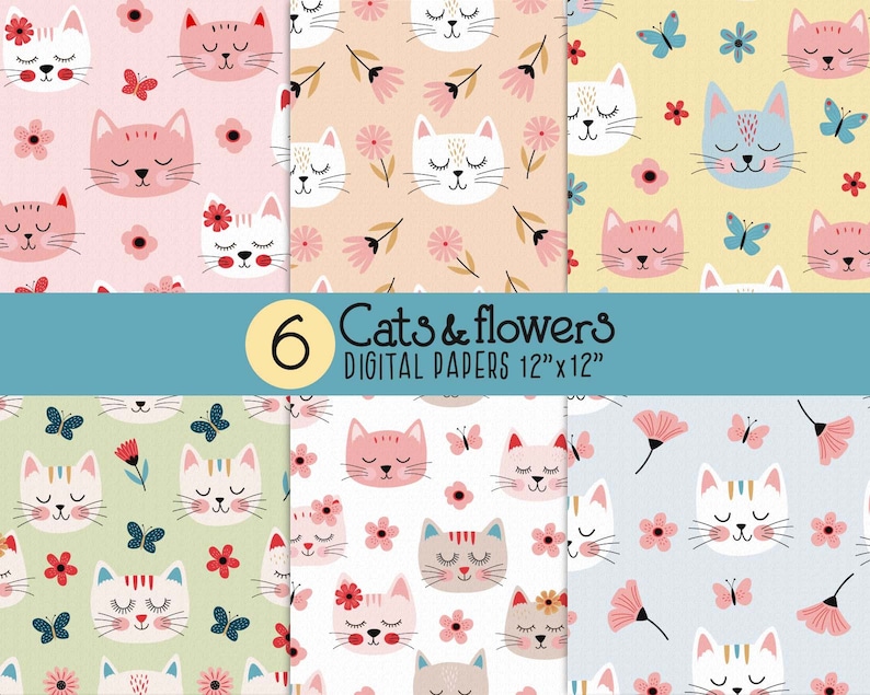 Cat Digital Paper, Happy Kitten Patterns, Seamless Cats Background ...
