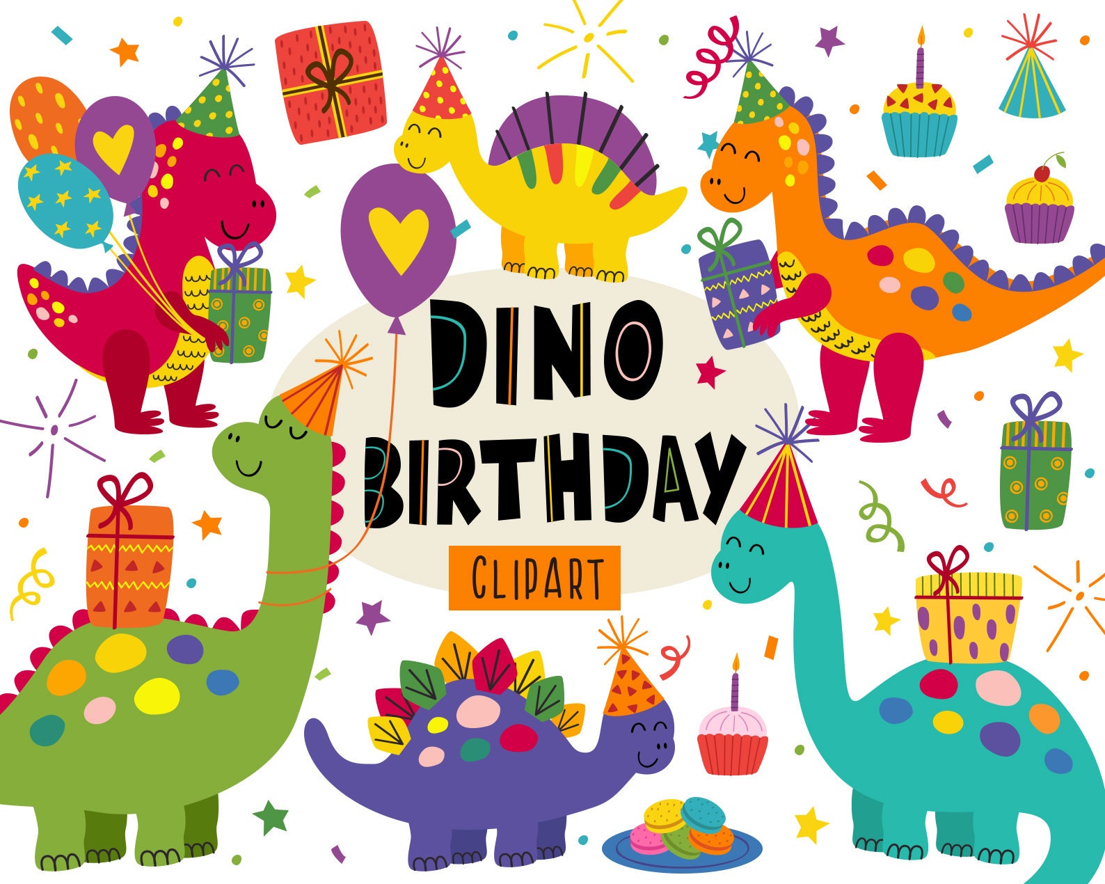 Jurassic Animal Clipart, Cute Dinosaur Clip Art, Birthday Party Clipart ...