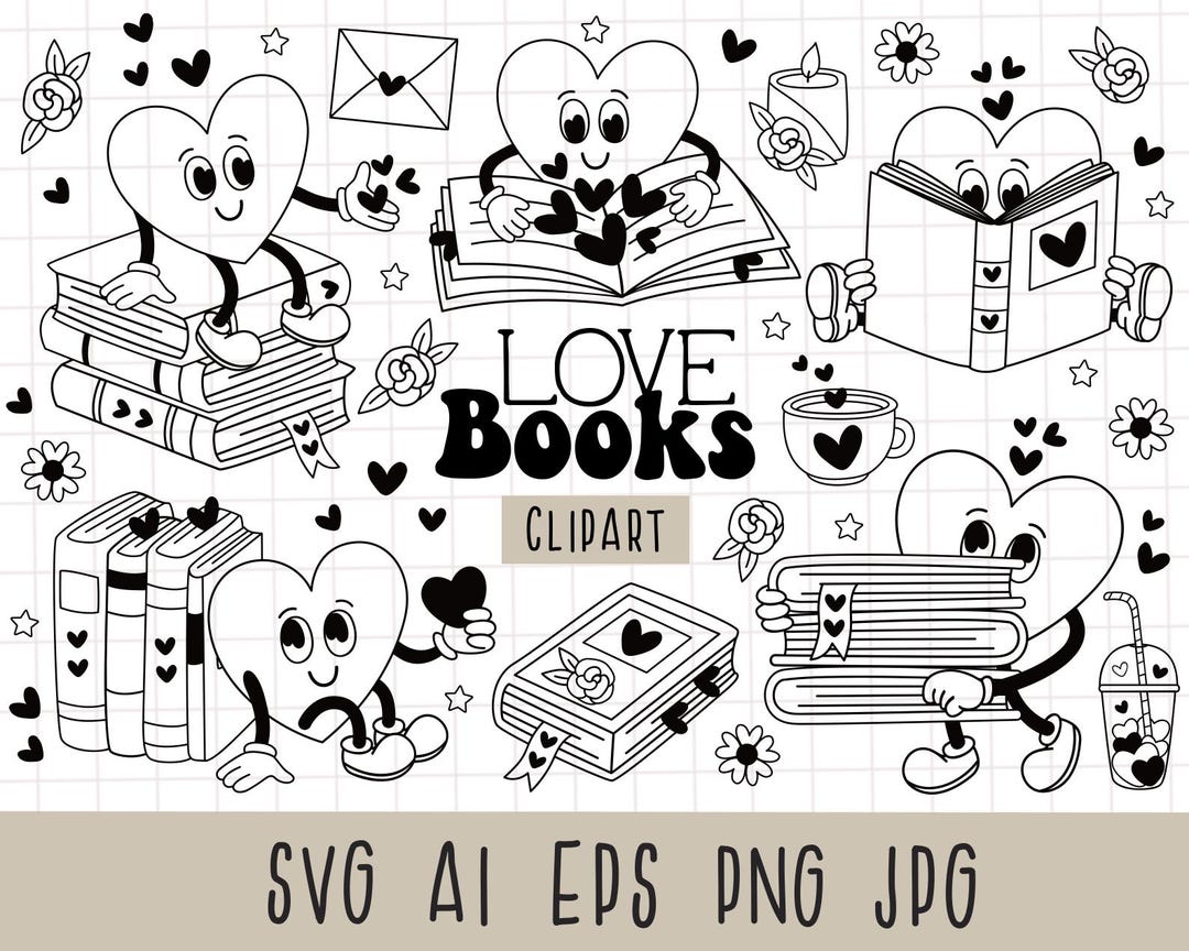 Valentine Bookish Clipart, Valentines Clipart, Retro Valentine Books ...