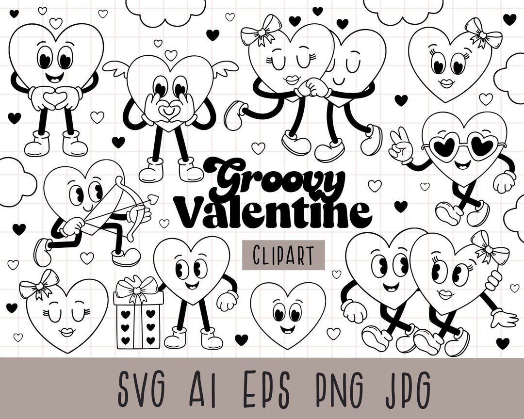Retro Valentine Day Clipart, Groovy Fun Romantic Characters, Groovy ...