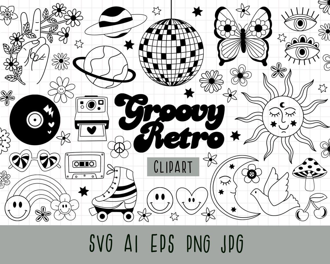 Retro Vibes Digital Clipart Set, Black and White, Groovy Hippie, Retro ...