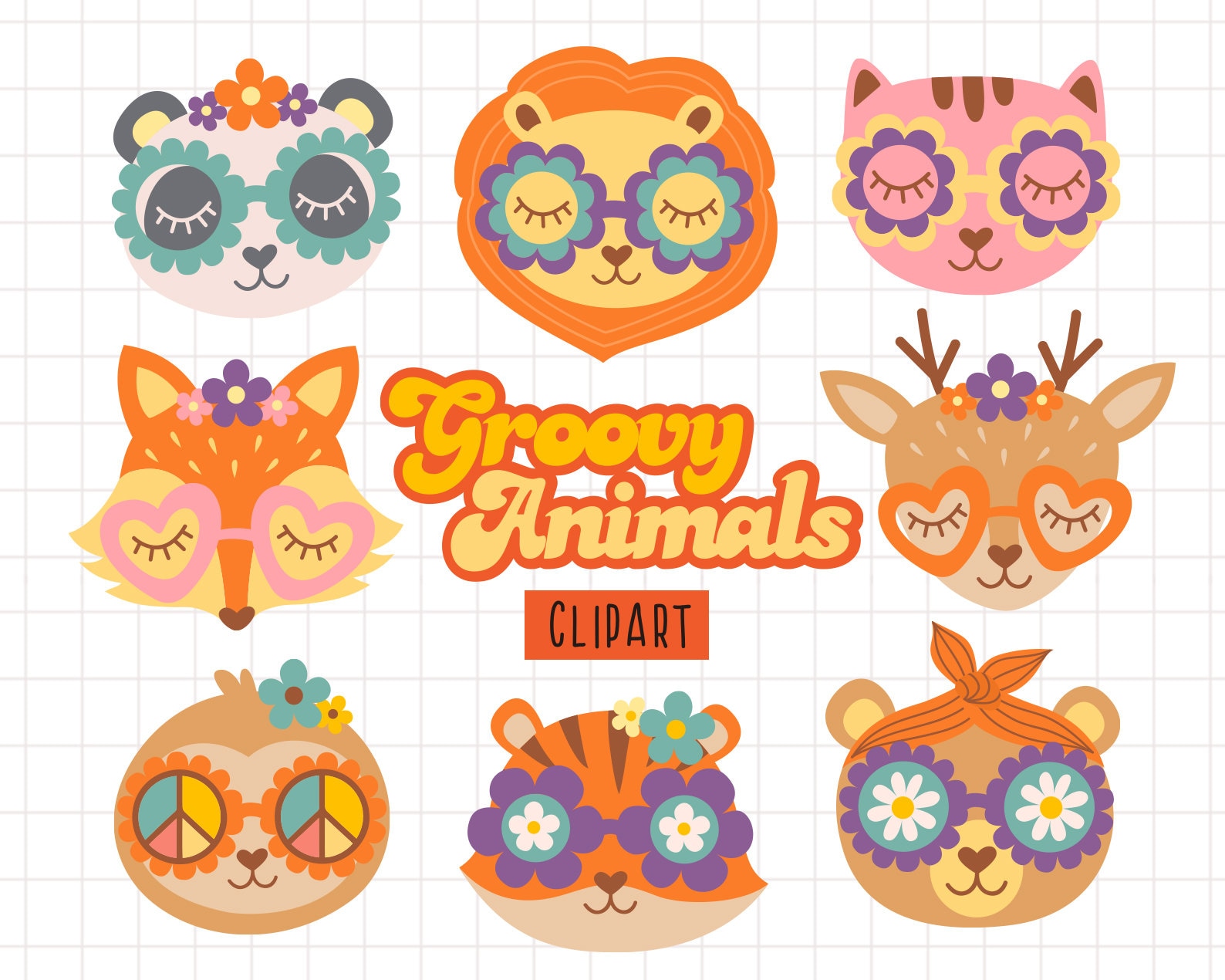 Retro Animal Clipart Groovy Animal Face Svg Woodland Animals - Etsy