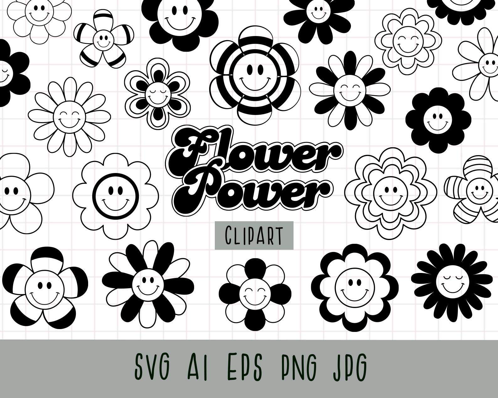 Retro Flowers Clipart, Hippie Clipart, Groovy Florals Clipart, Groovy ...