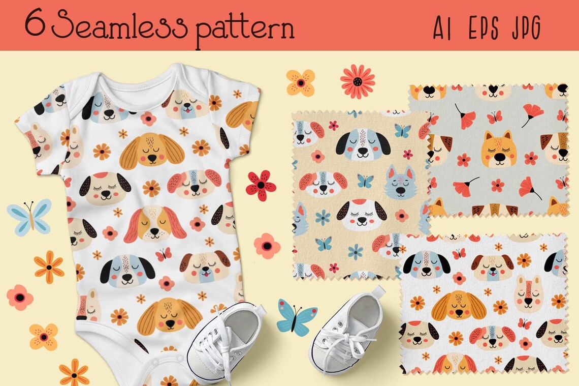 Funny Dogs Digital Paper Pack, Cute Dogs Seamless, Flower Backgrounds ...