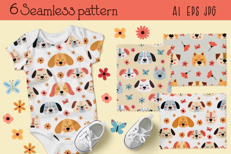 Funny Dogs Digital Paper Pack, Cute Dogs Seamless, Flower Backgrounds ...