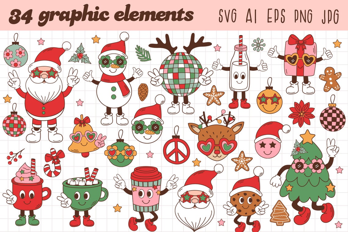 Retro Groovy Christmas Clipart, Christmas Clipart, Retro Christmas Svg ...