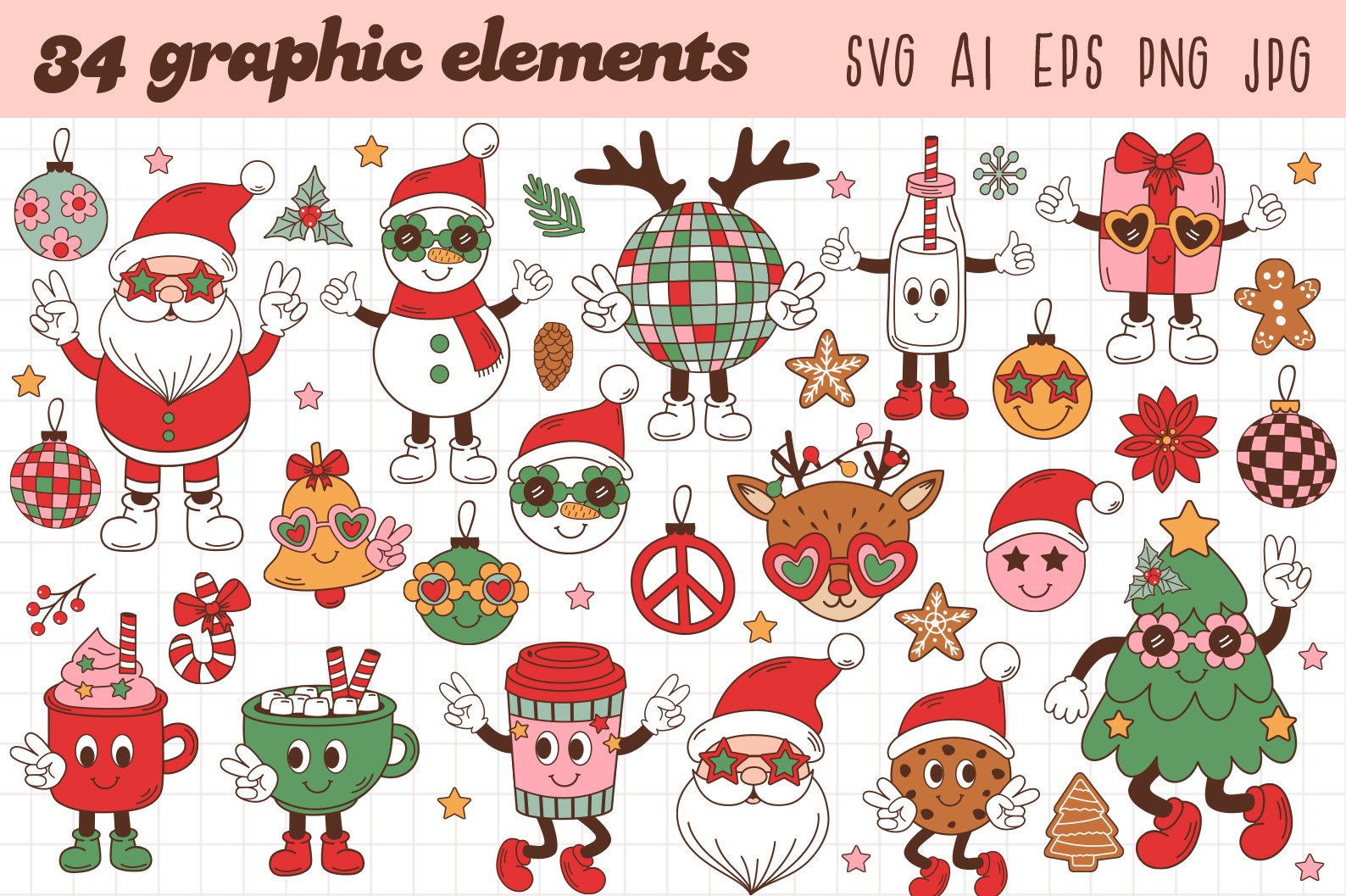 Retro Groovy Christmas Clipart, Christmas Clipart, Retro Christmas Svg ...