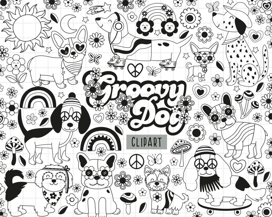 Hippy Dog Clipart, Whimsical Dogs Clip Art, Groovy Retro Dogs Clipart ...