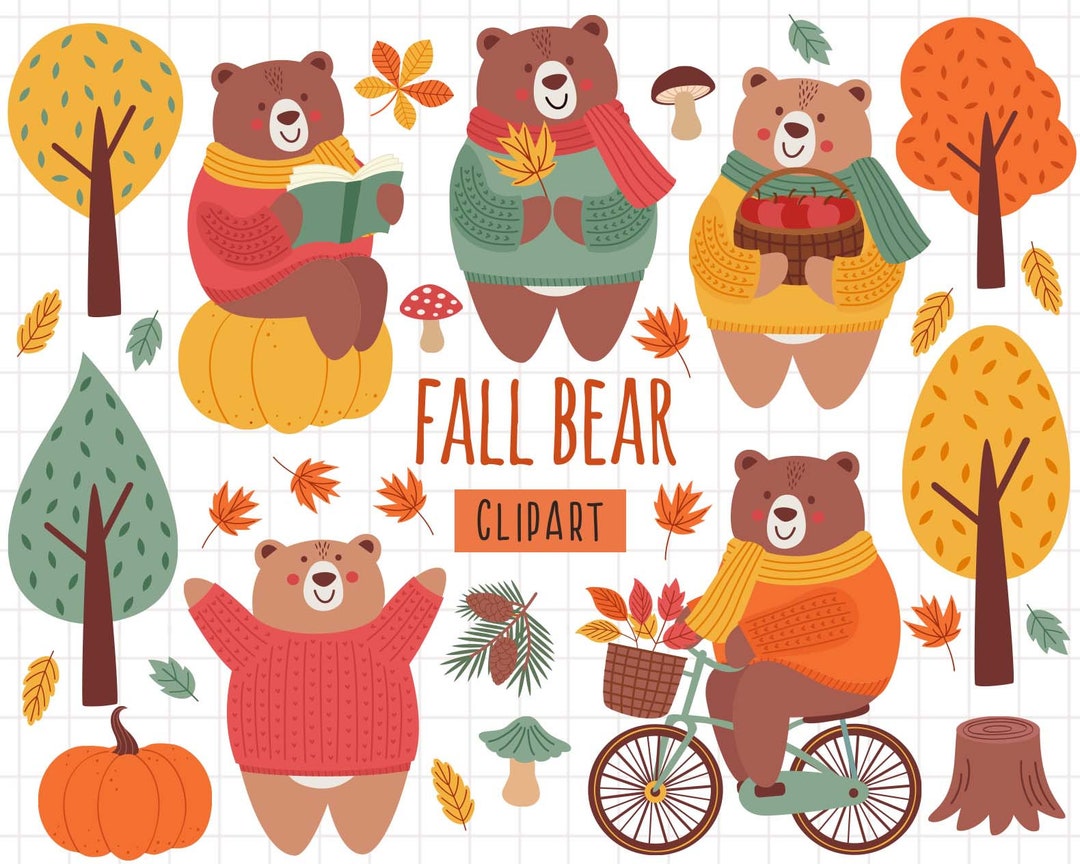 Autumn Bear Clipart, Fall Clipart, Woodland Animal, Cute Animal Clipart ...