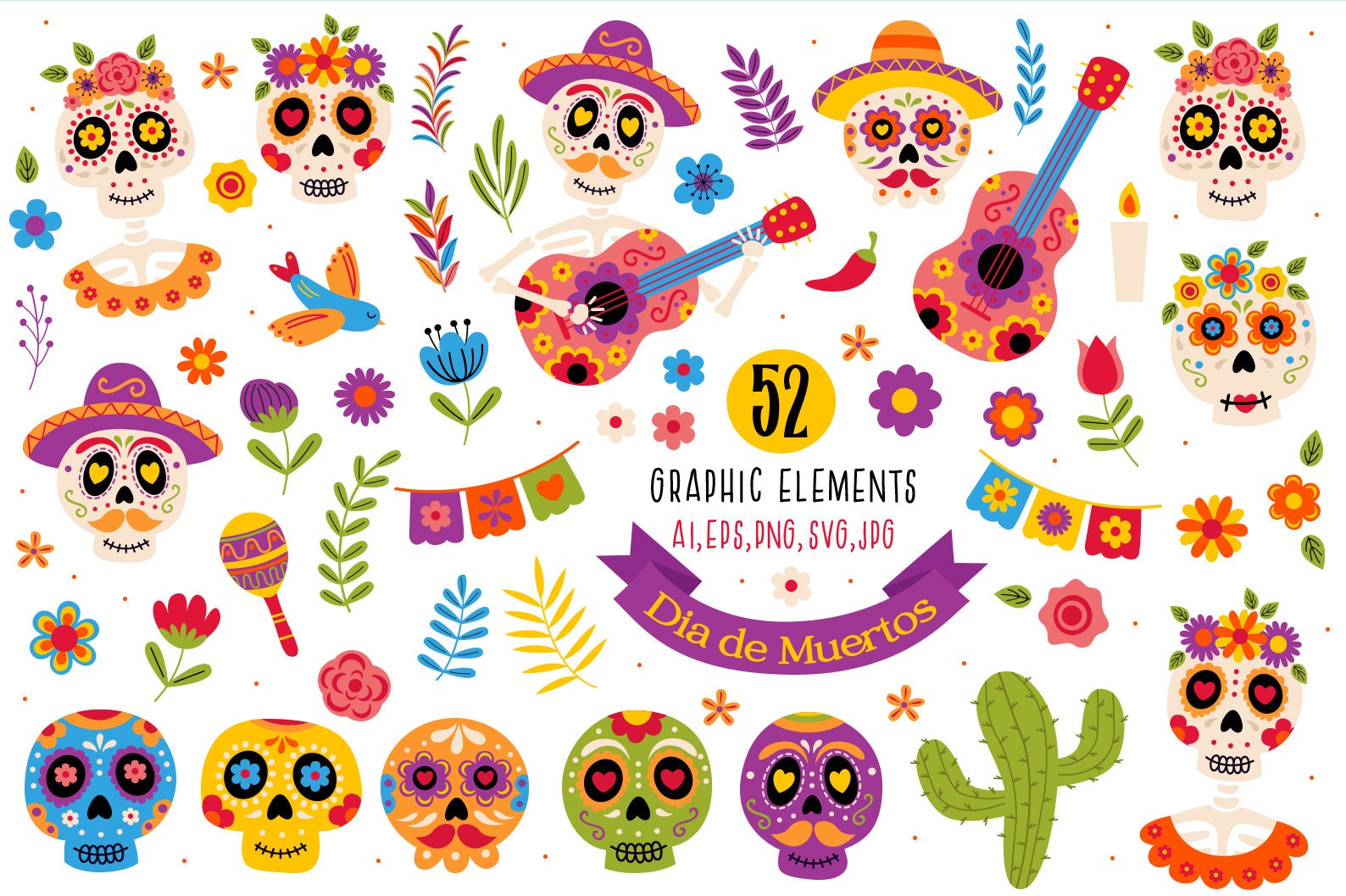 Dia De Los Muertos Clipart, Sugar Skull SVG, Sugar Skull Clip Art, Day ...