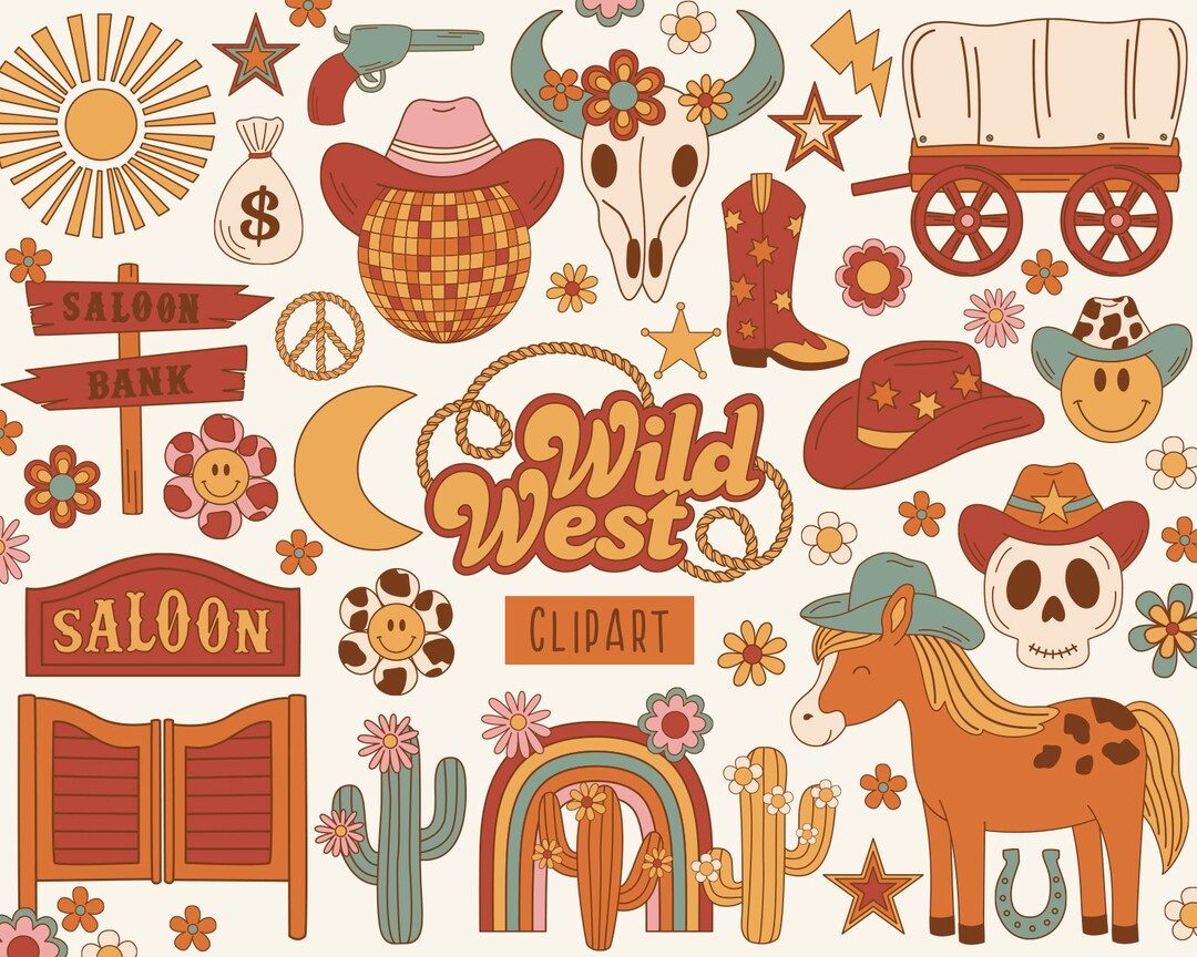 Groovy Hippie Western, Smiley Cowboy, Retro Western Rodeo, Wild West ...