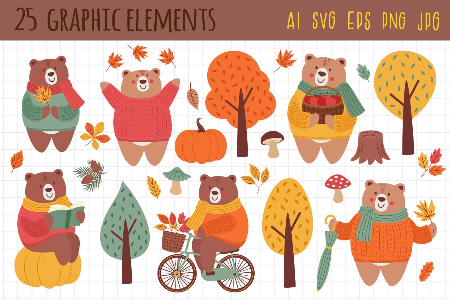 Autumn Bear Clipart, Fall Clipart, Woodland Animal, Cute Animal Clipart ...