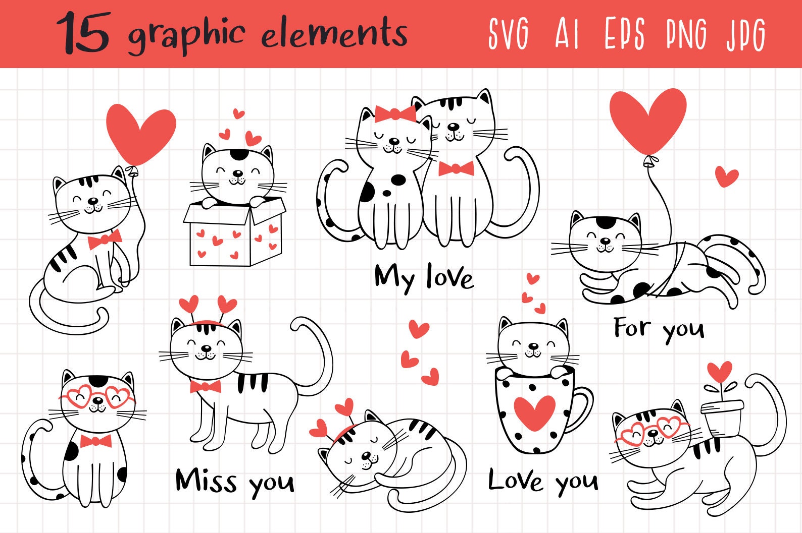 Cute Cat Valentine Clipart, Cat Clipart, Valentine Cat Svg, Love Svg ...