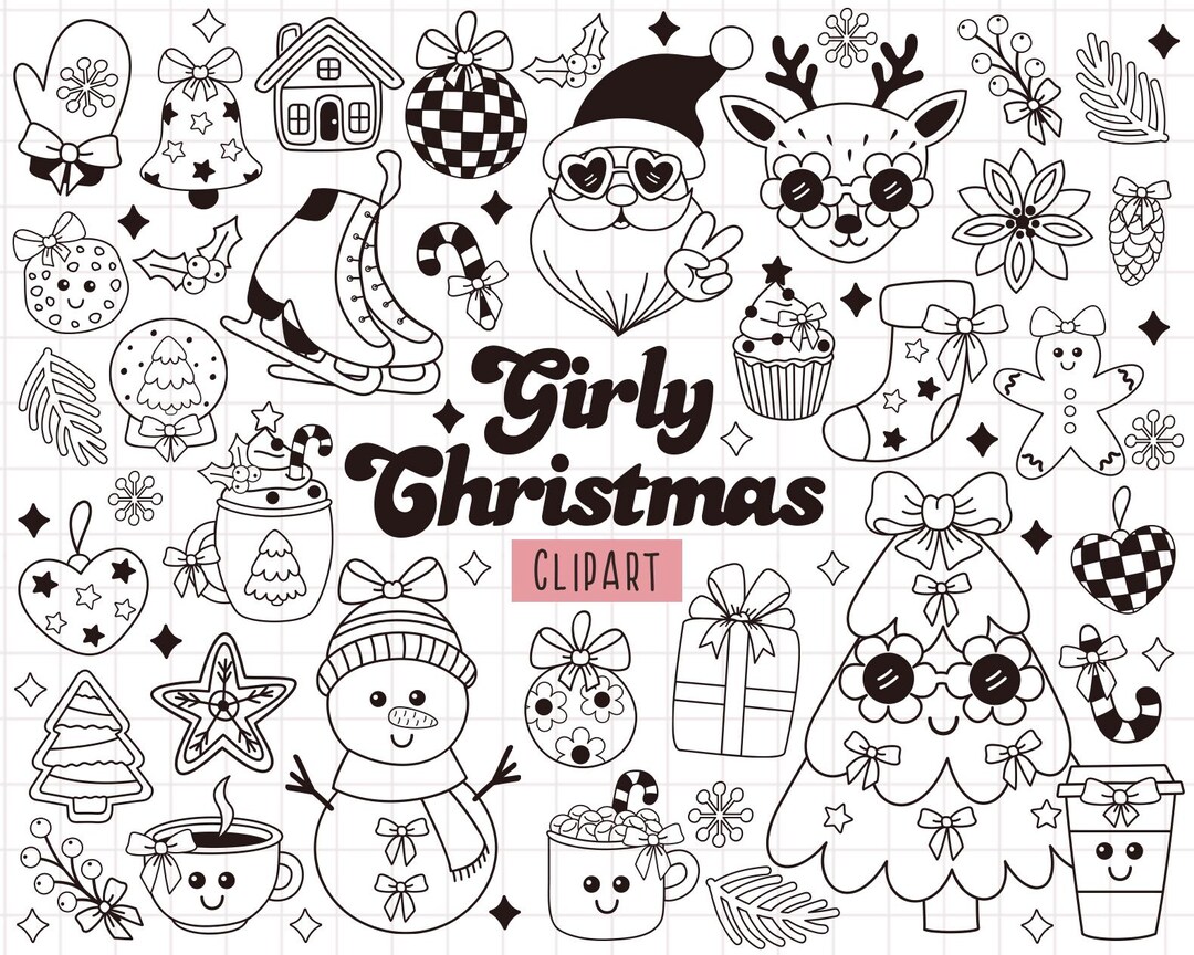 Black and White, Girly Christmas Clipart , Retro Coquette Christmas ...