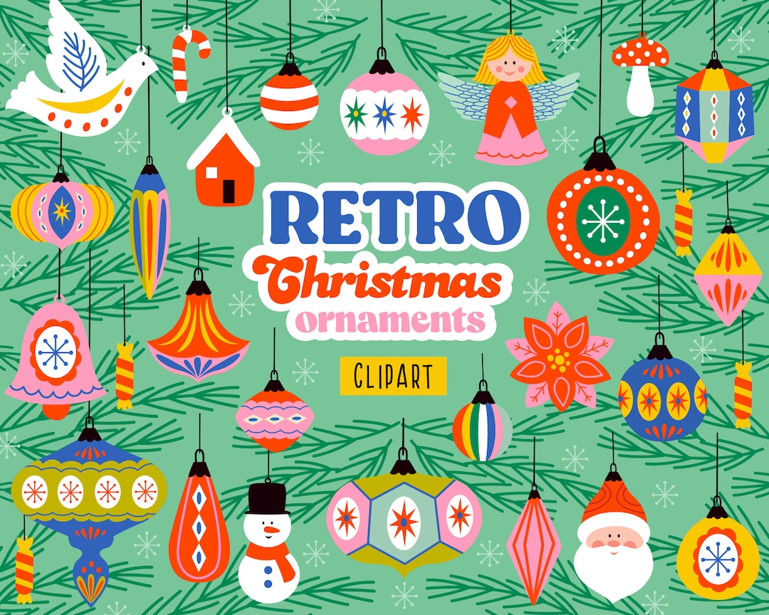 Christmas Clipart, Retro Christmas Ornaments Svg, Vintage Tree ...