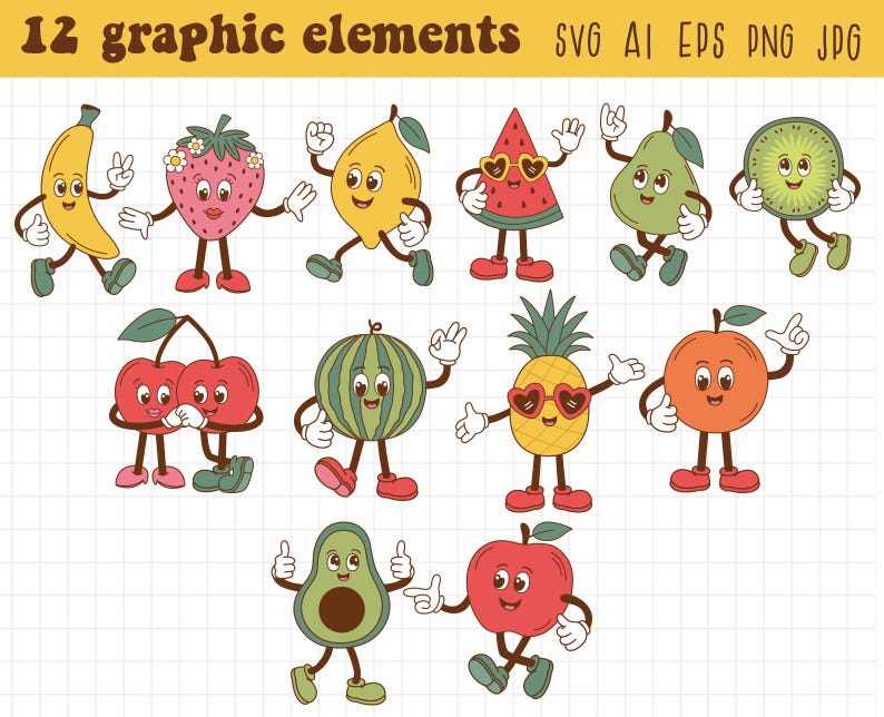Retro Groovy Fruits, Fruit Clipart, Retro Summer Clipart, Groovy ...