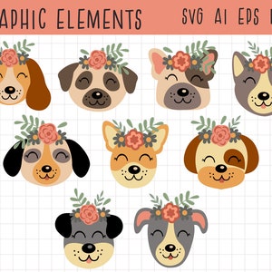 Cute Dogs Clipart, Dog Flower Crown Svg, Dog Face Svg, Dog Head Clipart ...