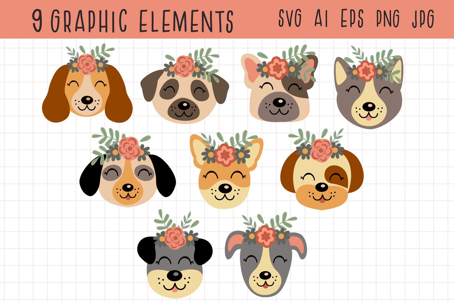 Cute Dogs Clipart, Dog Flower Crown Svg, Dog Face Svg, Dog Head Clipart ...