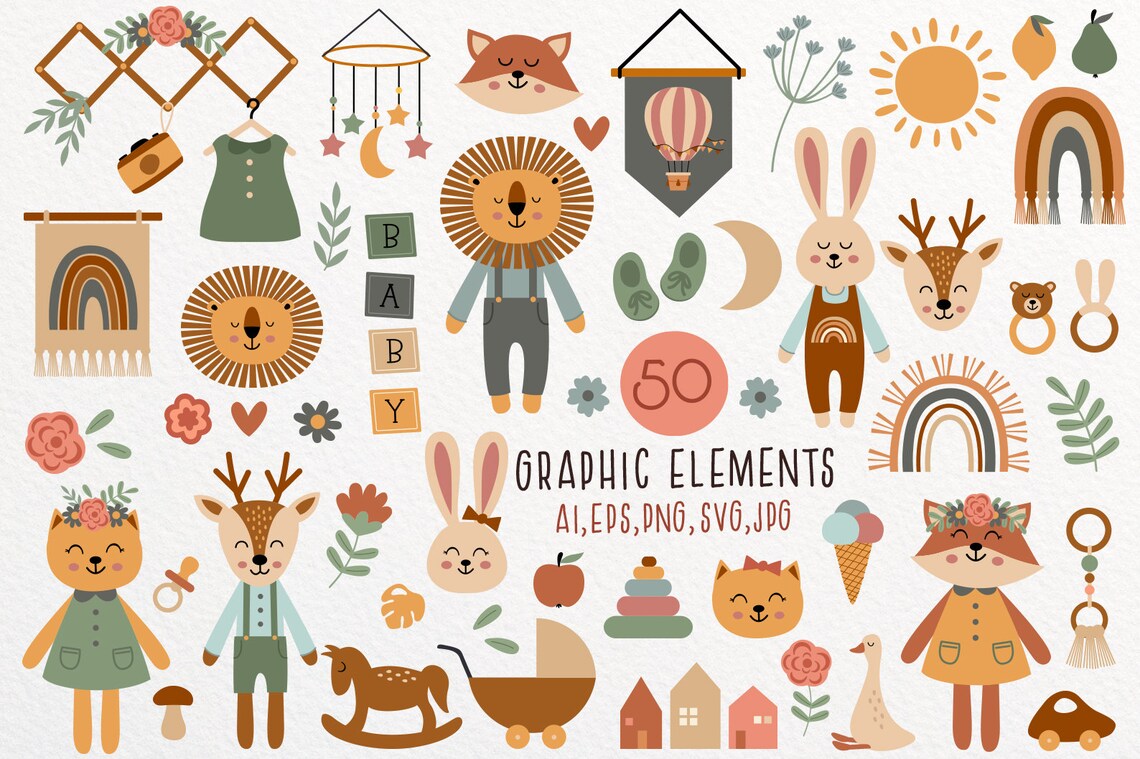 Bohemian Clipart, Boho Clipart Set, Bohemian Animals Svg, Boho Baby Svg ...