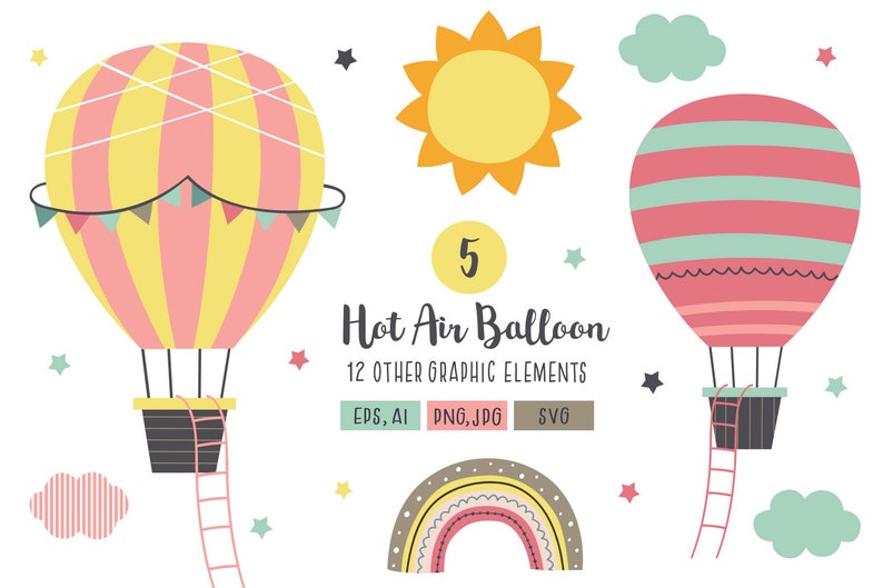 Hot Air Balloon Svg Rainbow Svg Balloon Clipart Clouds Svg Printable ...