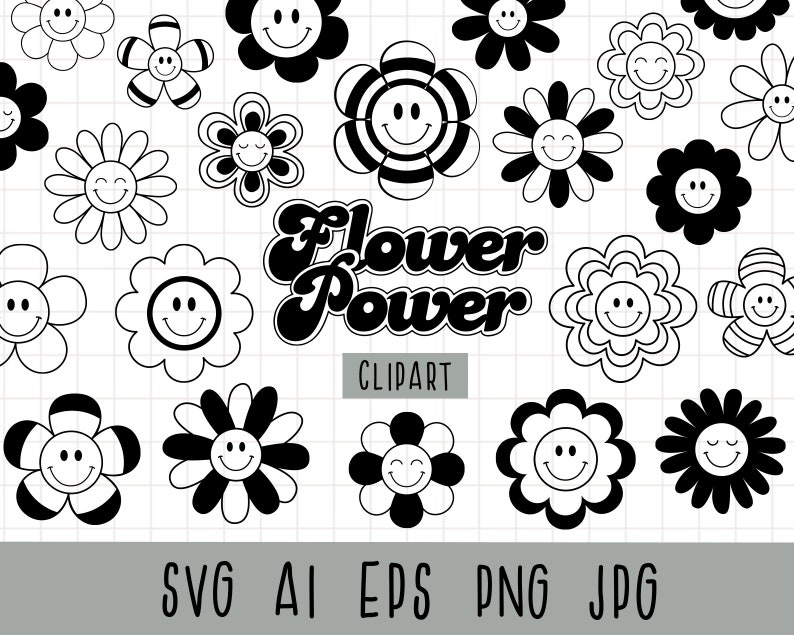 Retro Flowers Clipart, Hippie Clipart, Groovy Florals Clipart, Groovy ...