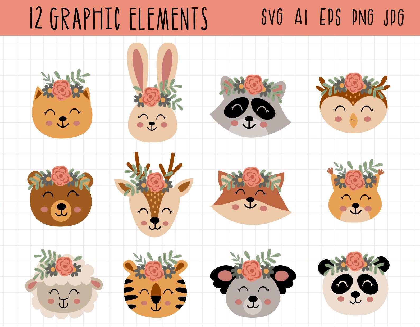 Boho Animal Face Clipart, Bohemian Animals Svg, Animal Faces Svg, Boho ...