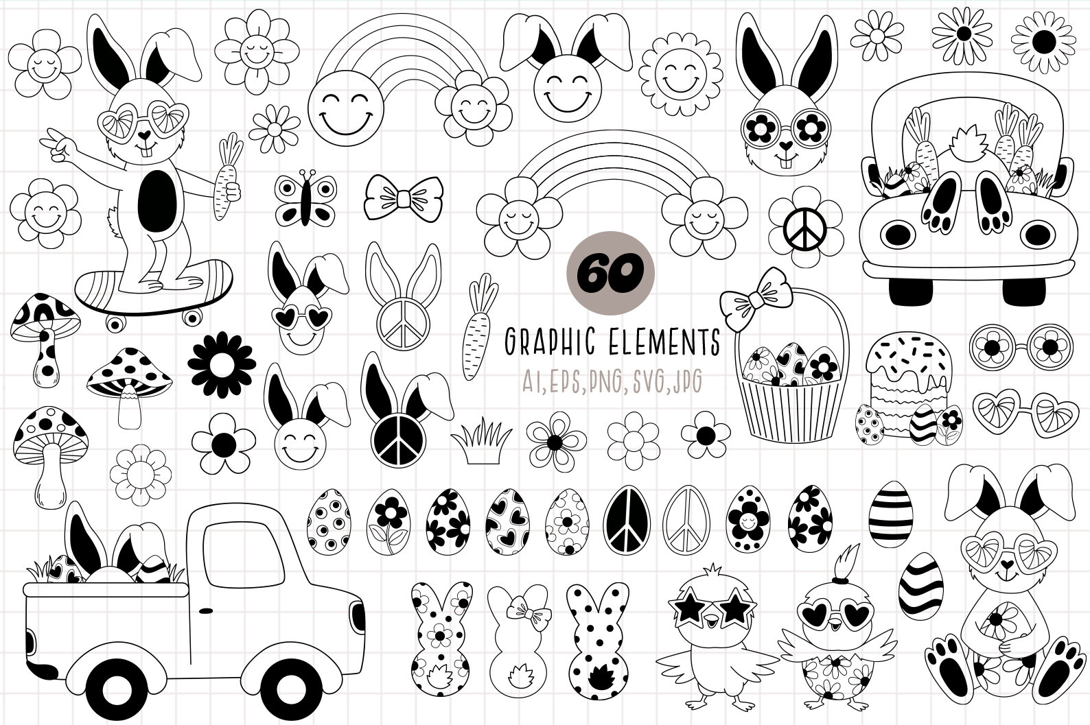Retro Hippie, Easter Groovy, Groovy Bunny Clipart, Black and White ...
