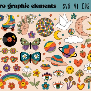 Retro Vibes Digital Clipart Set, Retro 60s 70s, Groovy Hippie, Retro ...