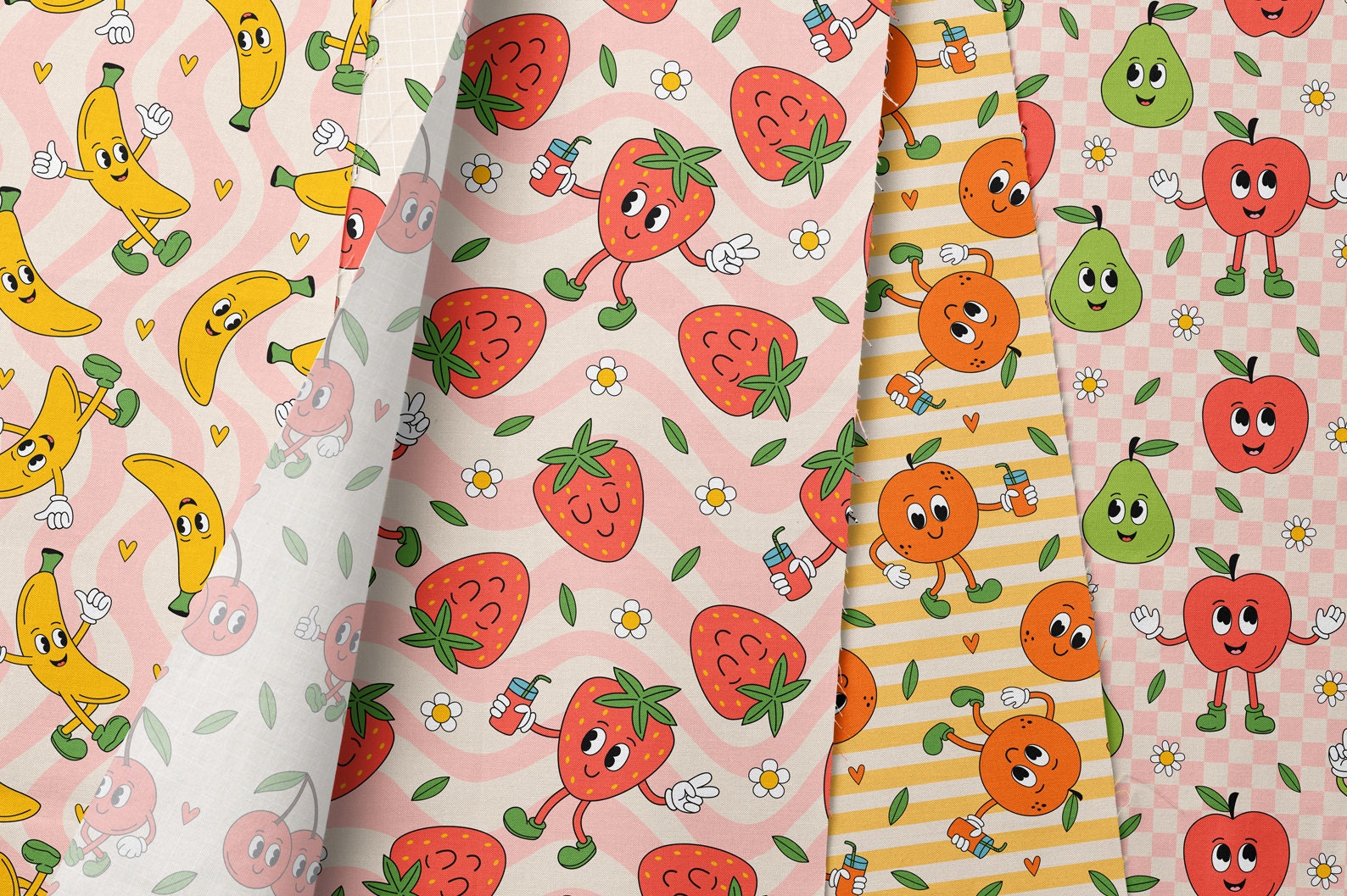 Groovy Digital Paper, Cartoon Retro Characters, Retro Fruit Pattern ...