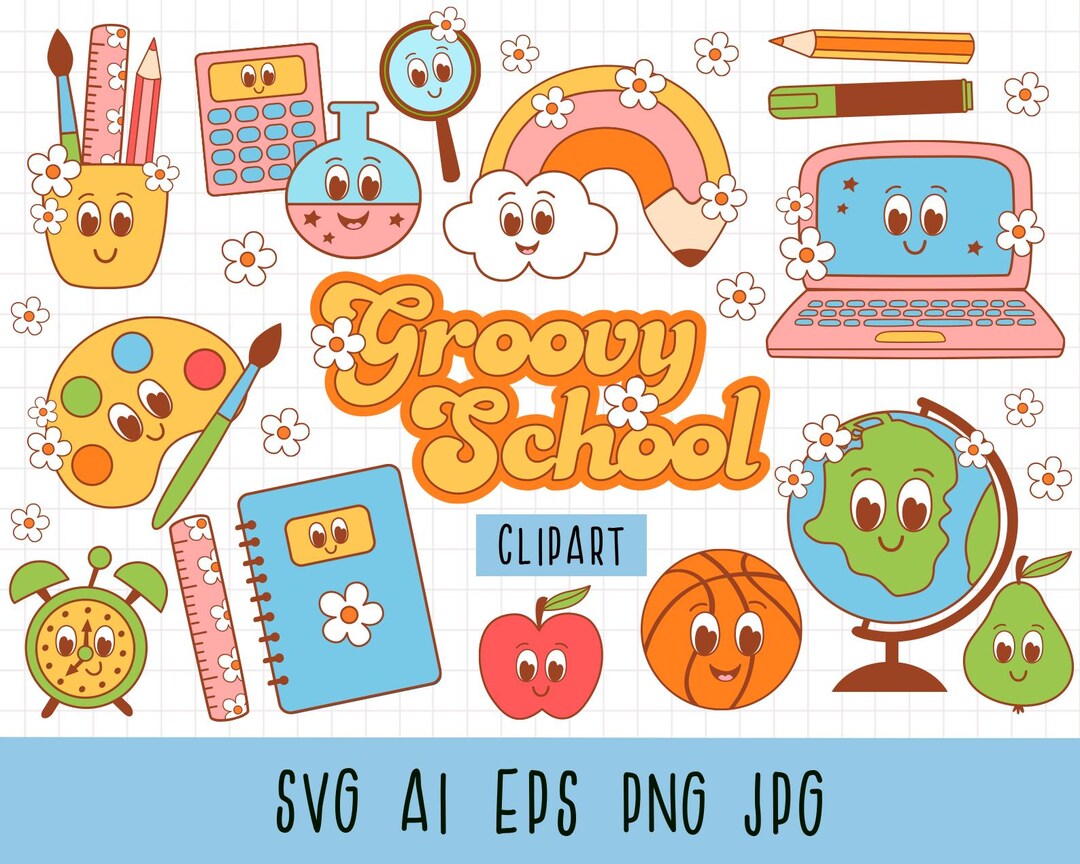 Groovy School Clipart, Retro Back to School, Education Clipart, School ...